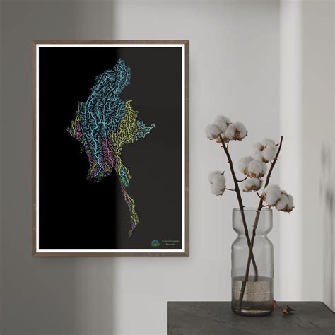 Myanmar River Basin Map Pastel On Black Fine Art Print