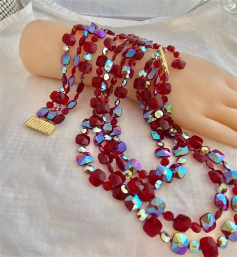 Ruby Red Crystal Set Iridescent Cushion Cut 4 Strand … Gem