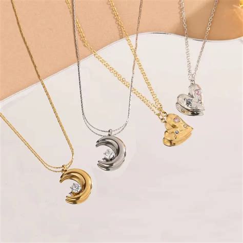 Womens Necklace Stainless Steel Heart Moon Color Zirconium Titanium