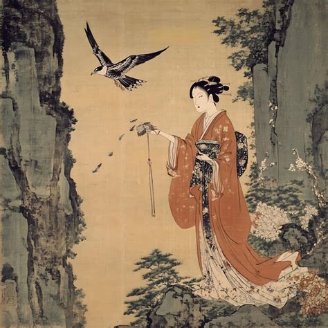 Japanese Woman In Traditional Dress With A Bird In Flight Premium Ai