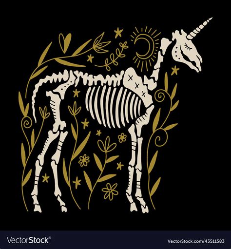Creepy Unicorn Skeleton In Dark Boho Style Vector Image