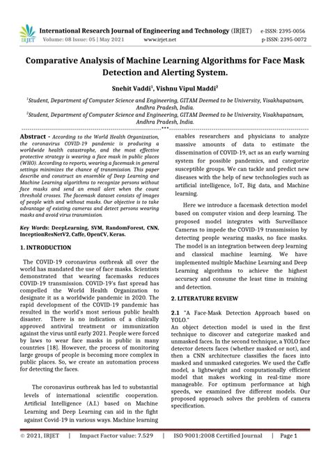 pdf comparative analysis of machine learning algorithms for face mask