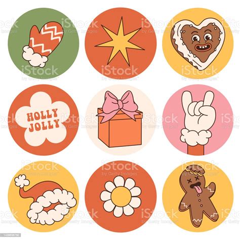 그루비 히피 크리스마스 스티커 산타 모자 선물 홀리 유쾌한 트렌디 한 복고풍 만화 스타일의 진저 브레드 크리스마스에 대한 스톡 벡터 아트 및 기타 이미지 Istock
