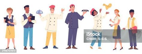 식당 직원 직원 남자 여자 케이터링 서비스 유니폼 카페 고용 주방 승무원 직업 팀 요리사 요리사 웨이트리스 웨이터 관리자 관리자 고급스러운 벡터 일러스트 레이 션에 경영자에