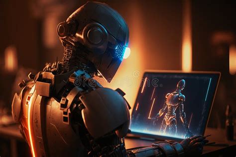 Ai Robot Working Using Tablet Futuristic Humanoid Worker Generative