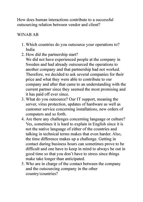Thesis Questions How Does Human Interactions Contribute To A Successful Outsourcing Relation