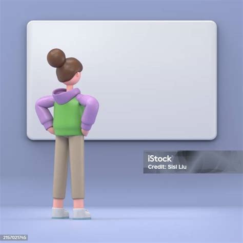 손을 가진 아시아 소녀 Renae의 3d 그림 허리에 서서 흰색 배경에 렌더링 된 빈 템플릿mockup3d 바라 보는 모습 3