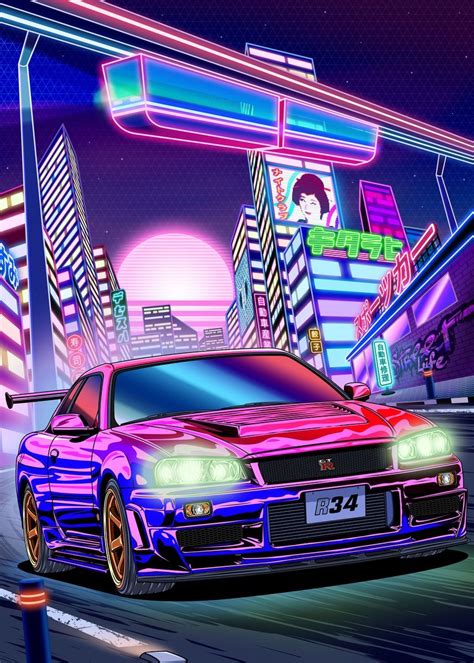 Nissan GTR R34 Neon Night Poster By Navin Guyvit Displate
