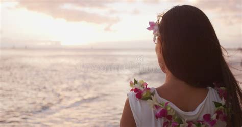 Hawaii Woman Wearing Lei Flower Necklace On Beach Sunset For Luau Party