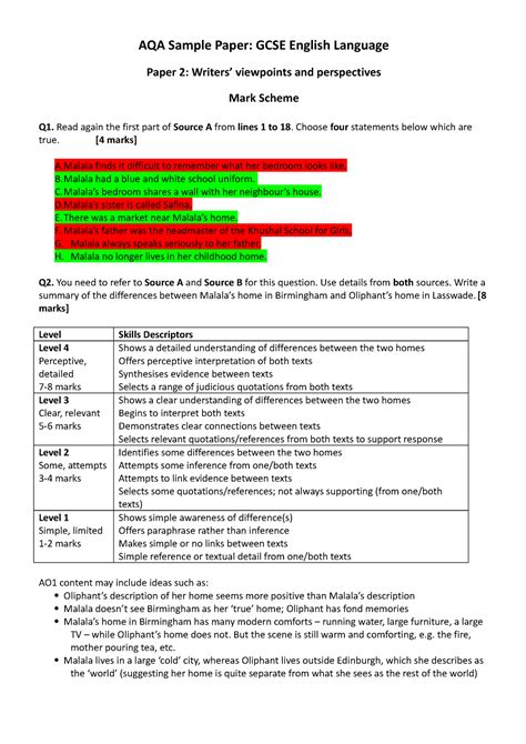 Aqa English Language Sample Paper 2c Mark Scheme Aqa Sample Paper