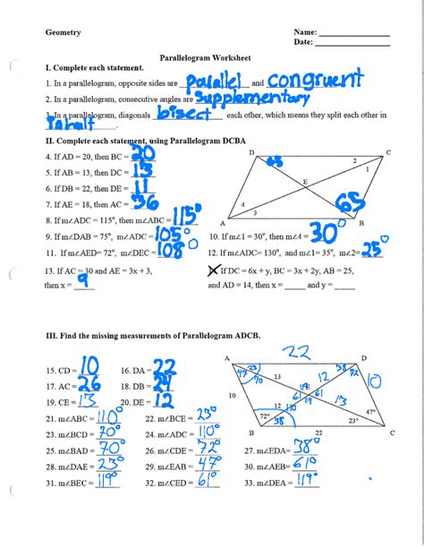 Parallelogrampracticews Answers Geometry Name Date Parallelogram
