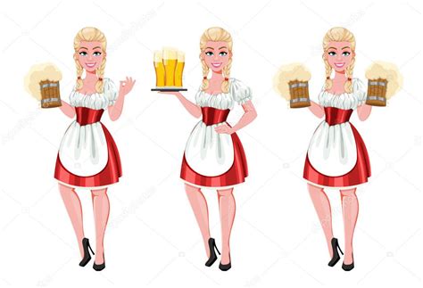 Chica Alemana En Traje Tradicional En Oktoberfest Sirviendo Cerveza