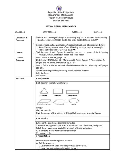 Q3 Prototype Lesson Plan In Math 6 Wk 6 Day 1 5 Pdf Area Length