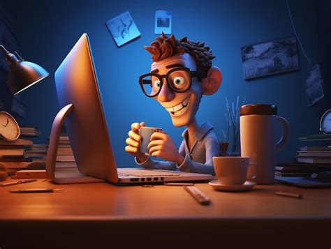 3d Cartoon Man Working On Computer Premium Ai Generated Image