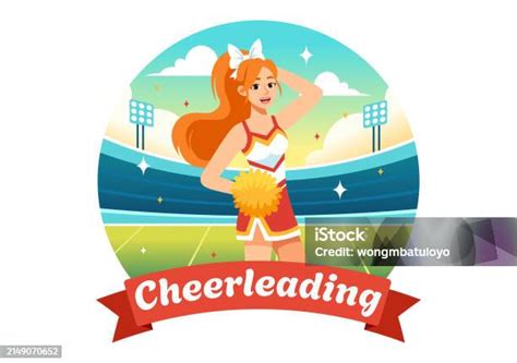 치어 리더 소녀 벡터 일러스트 레이 션 치어 리더 Pom Poms 의 춤과 점프 지원 팀 스포츠 동안 경쟁 중 플랫 배경 Championship에 대한 스톡 벡터 아트 및
