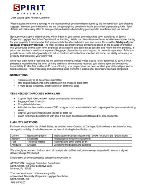 Spirit Airlines Claim Letter Baggage Cheque Free 30 Day Trial Scribd