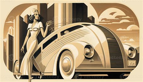 Illustration Of Woman And Transport With Future Technology In Retro
