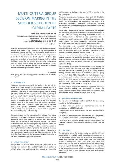 Multi Criteria Group Decision Making In The Supplier Selection Of Capital Parts Mm Science Journal