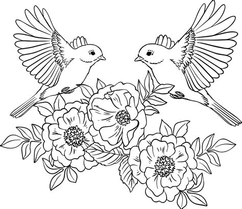 Desenho De Dois Pássaros Sobre Flores Desenho Vetorial Preto E Branco