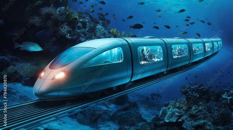 Underwater Bullet Train With Passengers Observing Marine Life Stock