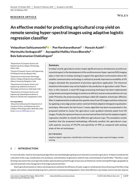 Pdf An Effective Model For Predicting Agricultural Crop Yield On Remote Sensing Hyper‐spectral