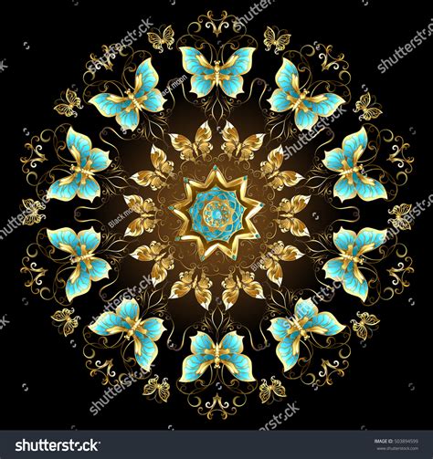 Mandala Gold Turquoise Butterflies On Black 库存矢量图（免版税）503894599