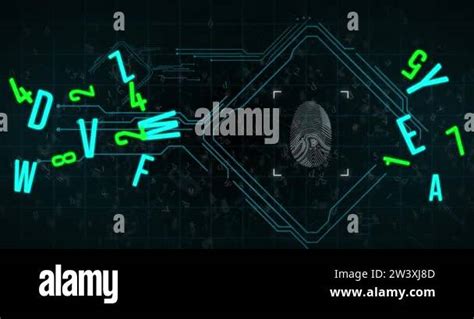 Animation Of Biometric Fingerprint Letters And Numbers Changing Scope