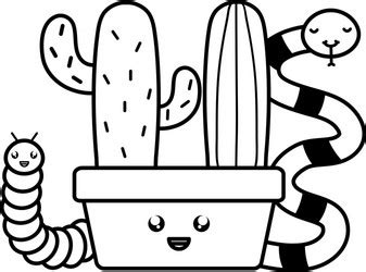 Cactu In Ceramic Pot And Snake Worm Kawaii Vector Image