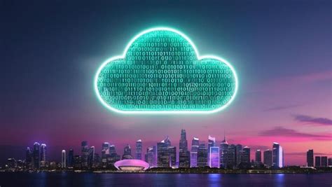 Glowing Cloud Icon Made Of Swirling Binary Code Streams Floats Above Futuristic City Skyline