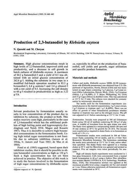 Pdf Production Of 23 Butanediol By Klebsiella Oxytoca