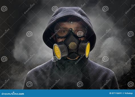 Apocalypse Or Armageddon Concept Man Is Wearing Gas Mask A Lot Of