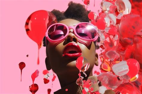 Premium Photo Woman With Pink Sunglasses And Heart Shaped Balloons