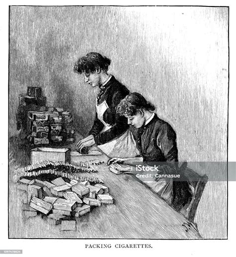 두 여자 형제 리버풀 Lancashire 대처 담배 공장에서 담배 포장의 빅토리아 흑백 판화 19 세기 흡연과 영어 공장 예술가 존 월 러 스 19 세기 가난과 여자 영어