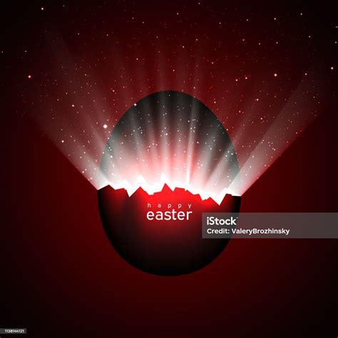 깨진 빨간 부활절 달걀과 우주 어두운 배경에 부활절 달걀에 균열에서 별과 빛과 공간의 광선 벡터 텍스트 공간 창의적인 인사말 카드 디자인 부활절 달걀에 대한 스톡 벡터 아트