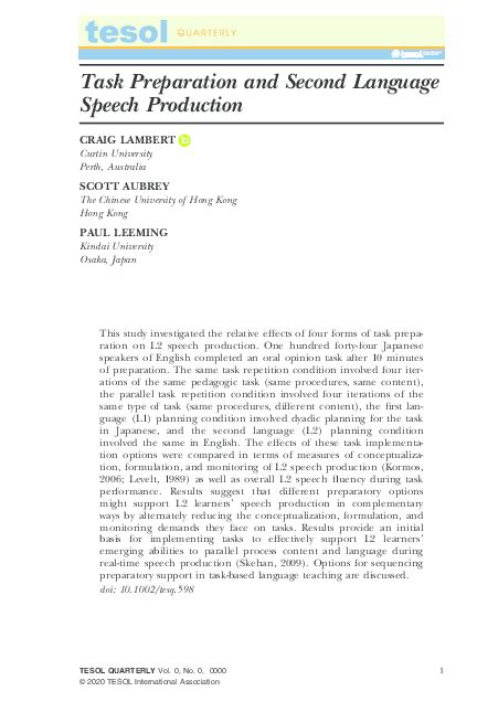Pdf 2020 Task Preparation And Second Language Speech Production