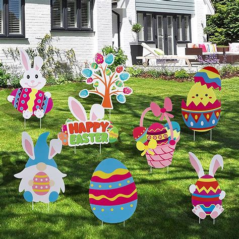8 Pieces Easter Yard Sign Easter Outdoor Lawn Decorations With Stakes