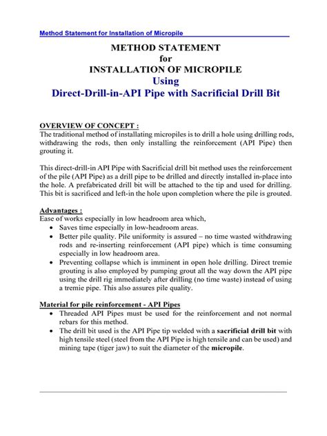 Using Direct Drill In Api Pipe With Sacrificial Drill Bit Method