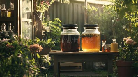 Two Large Glass Jars With Black Lids Filled With Herbal Infusions In