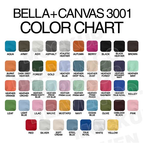 Printful Color Chart For Bella Canvas 3001 Unisex T Shirt Etsy