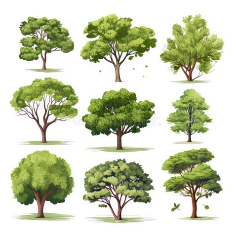 Collection Of Watercolor Tree Illustrations On A White Background Stock