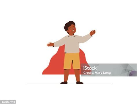 슈퍼 히어로 비행 망토를 입은 작은 소년 미취학 아동은 슈퍼맨 의상을 입고 두 팔을 벌리고 서 있다 아프리카계 미국인 학생 만화