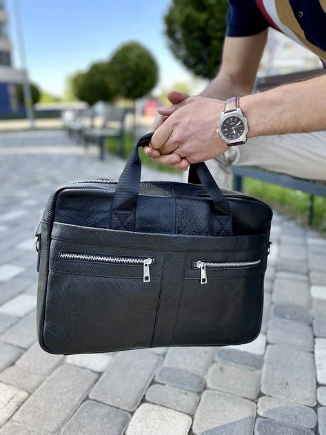 Сумка для ноутбука чоловіча чорна шкіряна Liner фото відгуки