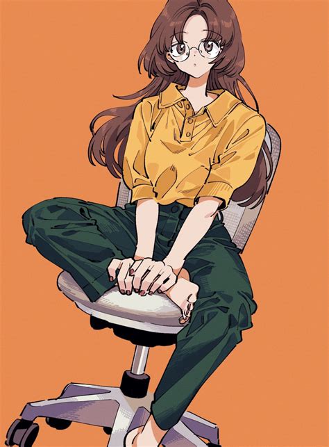 Safebooru 1girl Baggy Clothes Barefoot Brown Eyes Brown Hair Chair