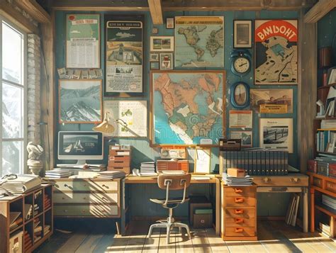 Vintage Classroom Setup With Travel Posters Toolkits And Backhoe Building Guides Stock