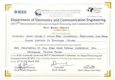 Dr Vinoth Babu Kumaravelu On Linkedin Our Work Won The Best Paper Award At Icspc 2023 Thanks
