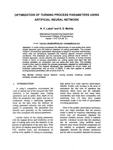 Pdf Optimization Of Turning Process Parameters Using Artificial Neural Network