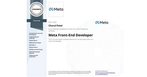 Charul Patel On Linkedin Completion Certificate For Meta Front End Developer