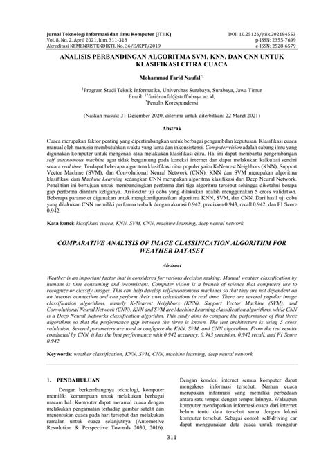 Pdf Analisis Perbandingan Algoritma Svm Knn Dan Cnn Untuk