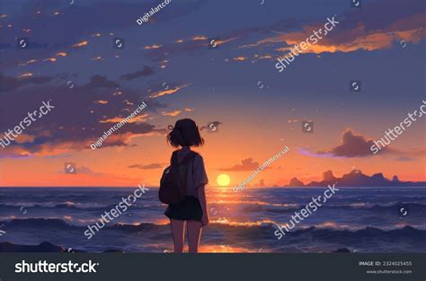 일몰을 보는 애니메 소녀 스톡 일러스트 2324025455 Shutterstock
