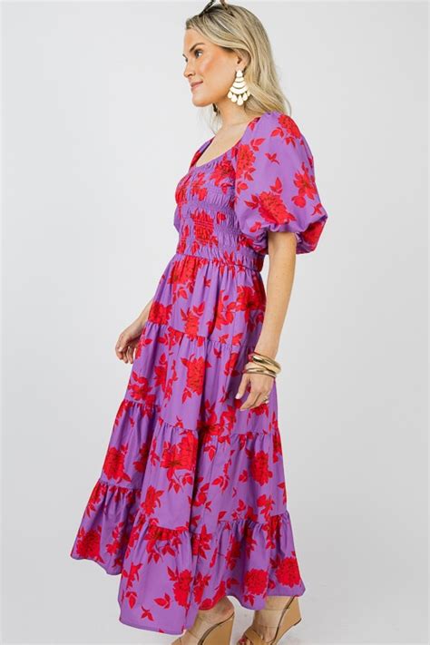 Evie Floral Midi Purplered New Arrivals The Blue Door Boutique